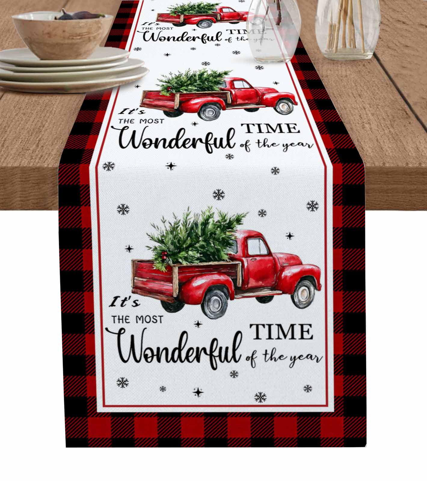 Christmas Truck Table Runner 72 Inches, Buffalo Plaid Xmas Pine Tree ...