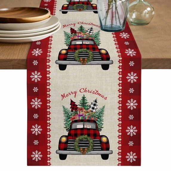 Christmas Truck Table Runner 72 Inches, Winter Pine Tree Xmas Snowflake ...