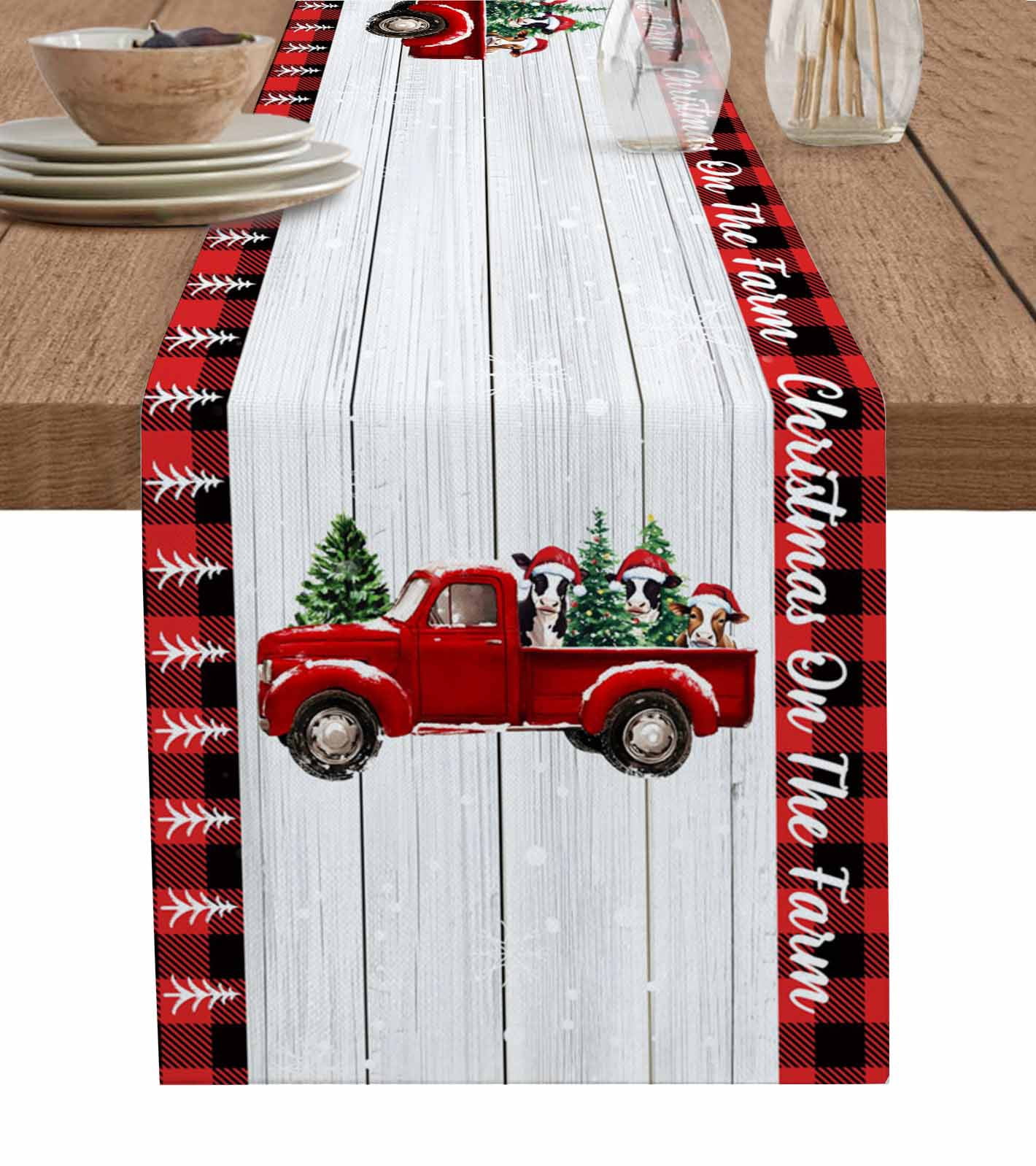 Christmas Truck Table Runner 90 Inches, Xmas Tree Red Plaid Snowflake ...