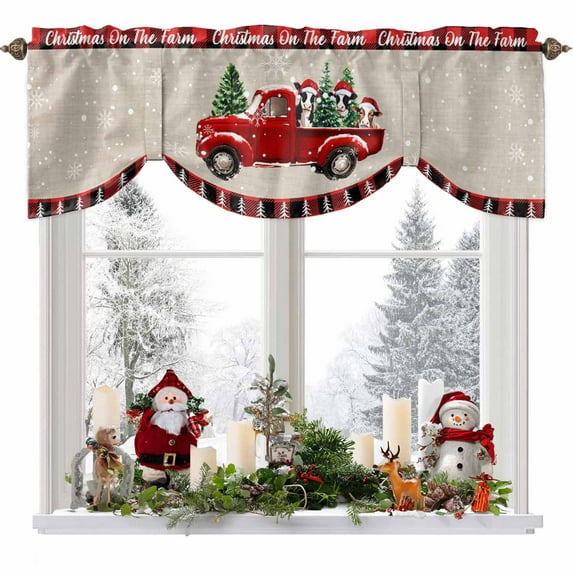 Christmas Truck Tie Up Valances Curtain, Farm Cow Pine Tree Snow Retro ...