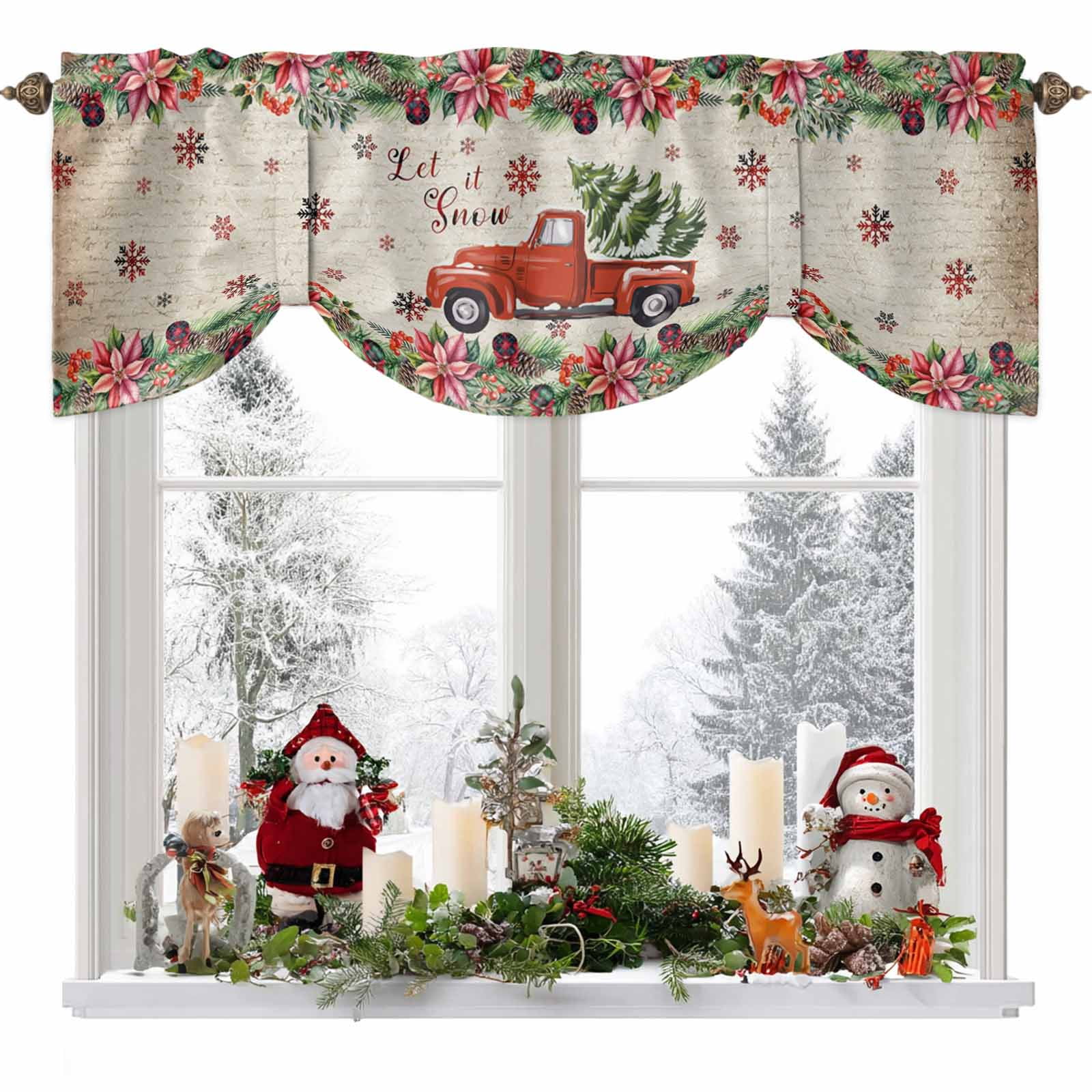 Christmas Truck Tie Up Valances Curtain, Winter Snow BerryFlowers Retro ...