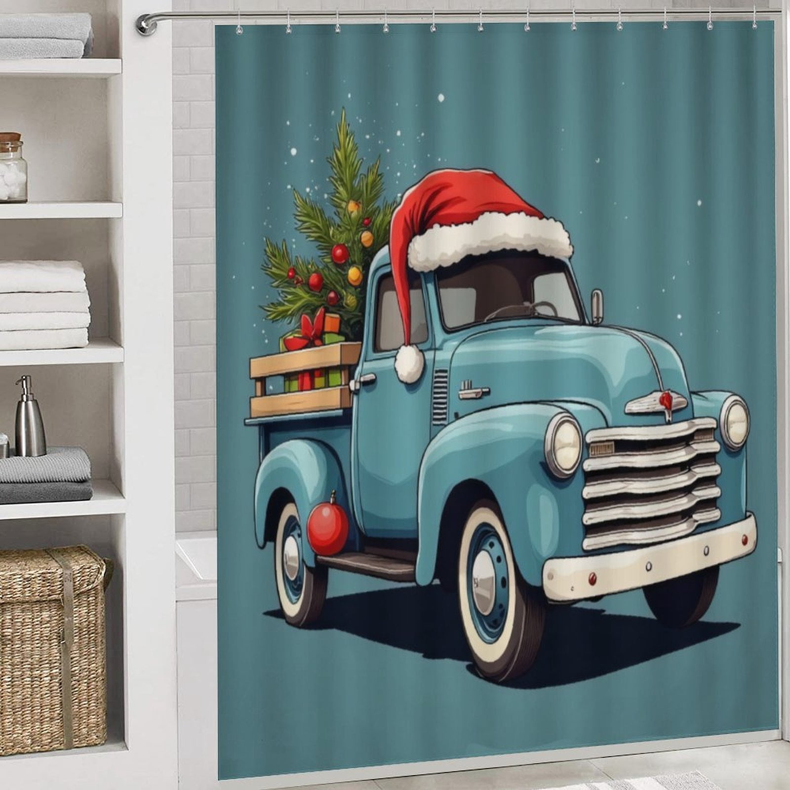 Christmas Truck with Santa Hat Shower Curtain Bathroom Curtains ...