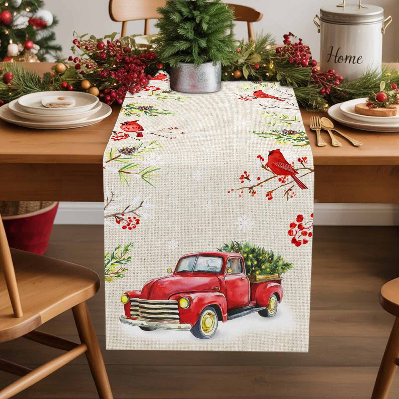 Christmas Trucks Cotton Linen Table Extra Long Runner 13 x 120 inch ...