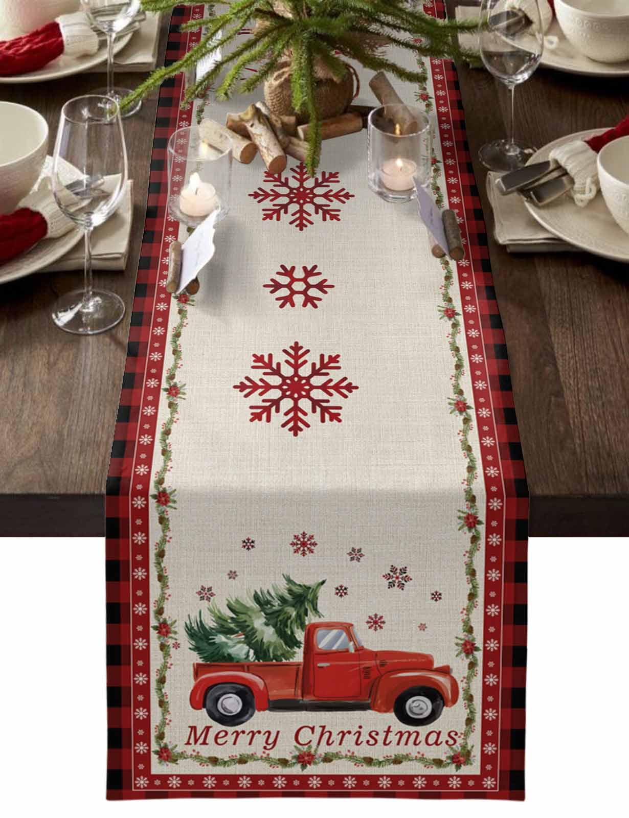 Christmas Trucks Cotton Linen Table Runner for Dining Kitchen, Xmas ...