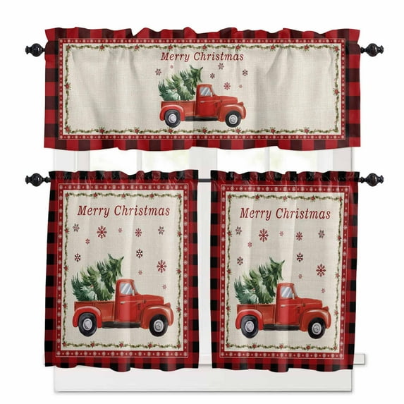 Christmas Trucks Kitchen Curtains Valances and Tiers Set of 3 Xmas Tree ...