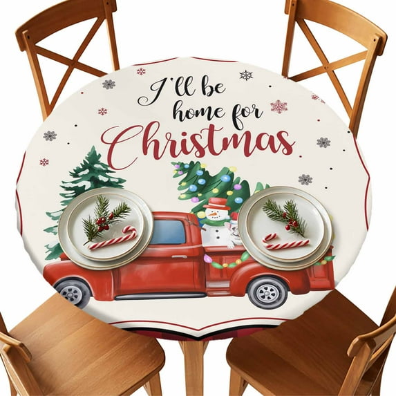 Christmas Trucks Pine Tree Snow Fitted Round Tablecloths Table Covers ...