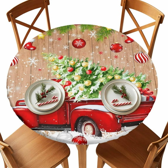 Christmas Trucks Pine Tree Snow Fitted Round Tablecloths Table Covers ...