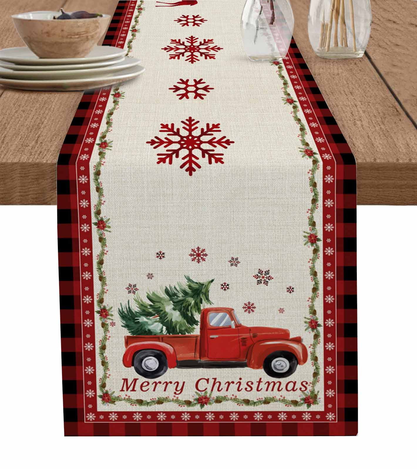 Christmas Trucks Table Runner 72 Inches, Xmas Tree Snowflake Red Black ...