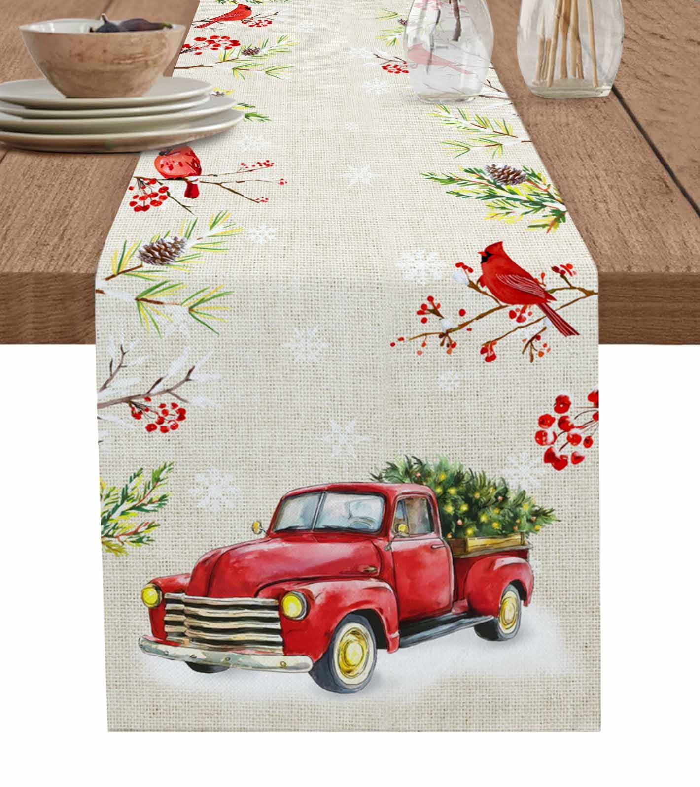 Christmas Trucks Table Runner 90 Inches, Xmas Tree Red Bird Snowflakes ...