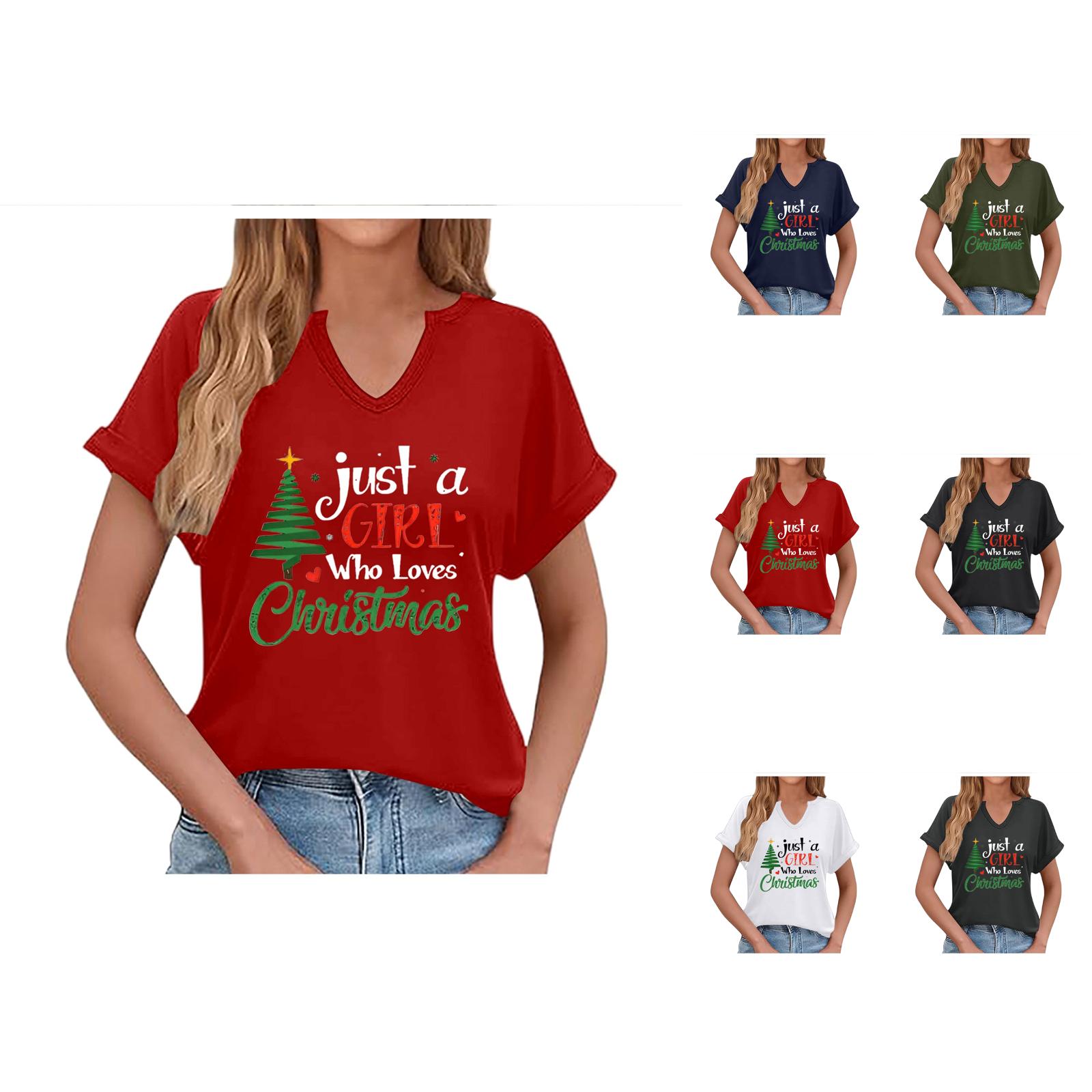 Christmas Tshirt for Women 2025 Short Sleeve V Neck Just A Who Loves ...