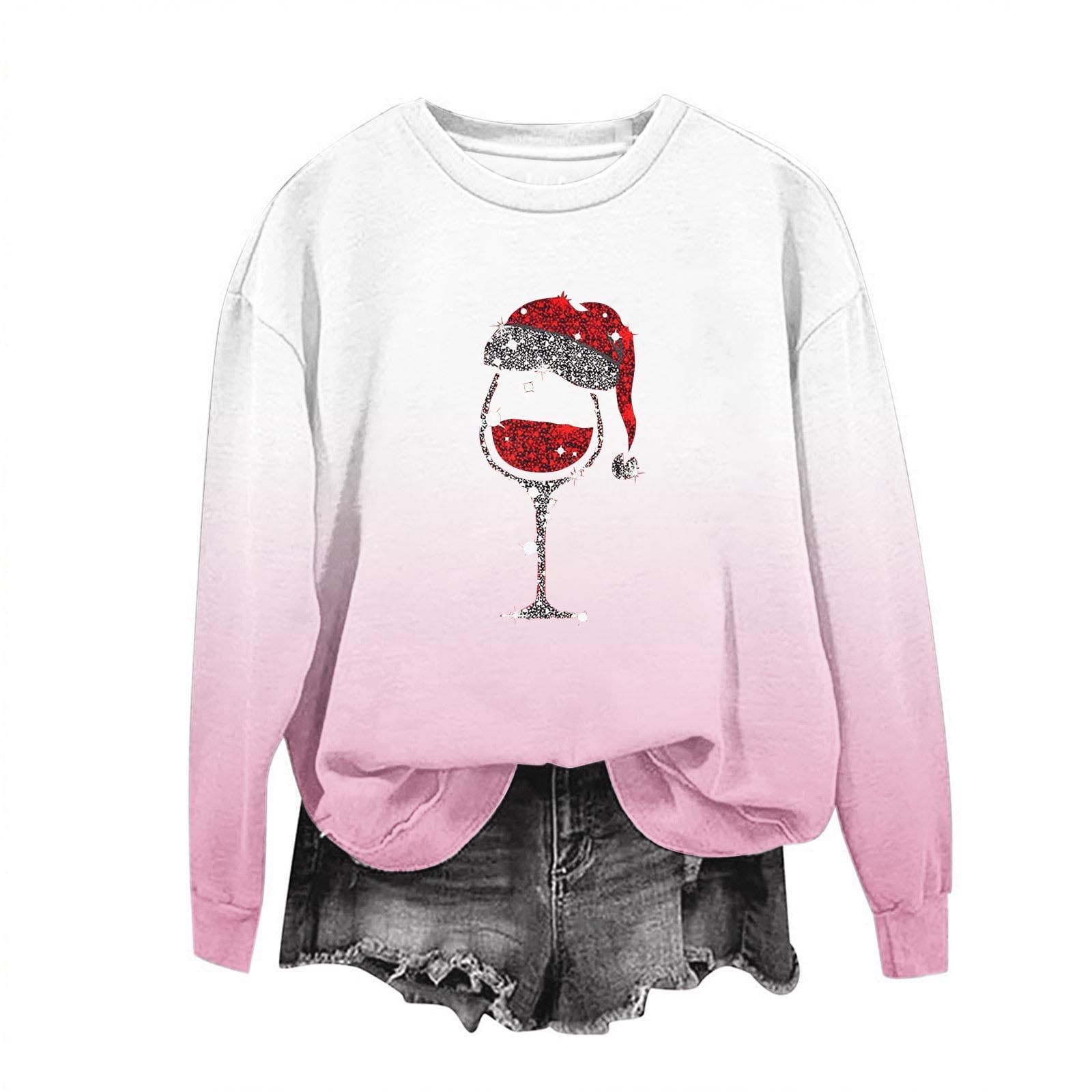 Christmas Tshirts Shirts for Women Red Wine Glass Graphic Tee T-Shirt Workout Exercise Crew Neck ...