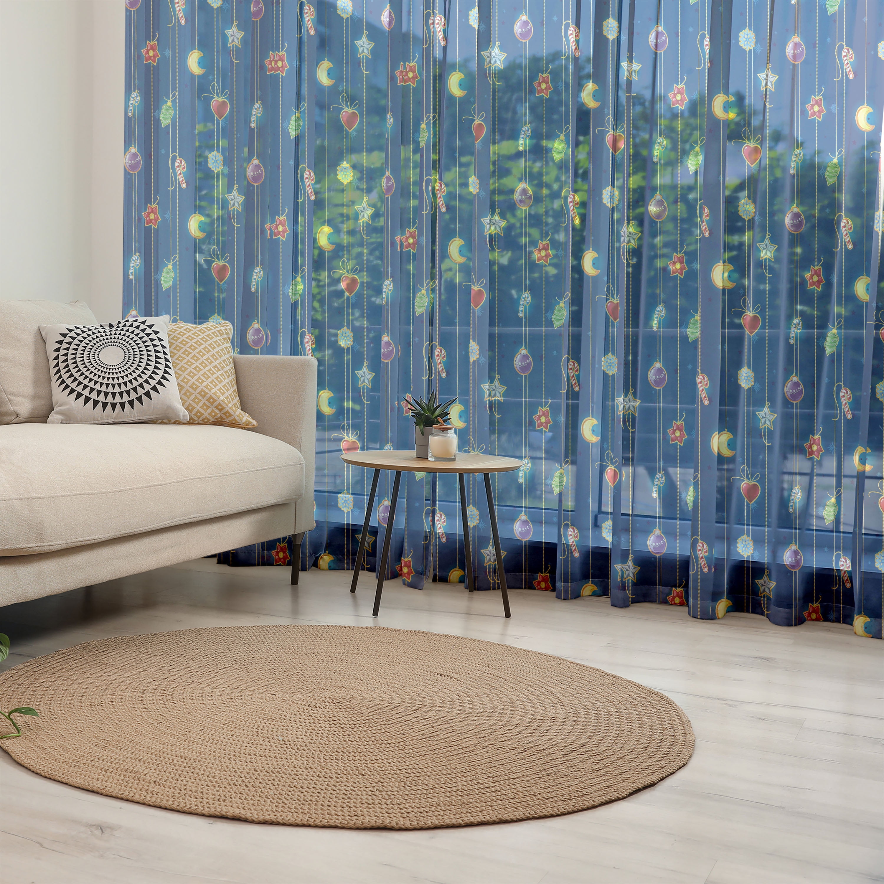 Christmas Tulle Curtains with Rod Pocket, Celebratory Object on Stripes ...