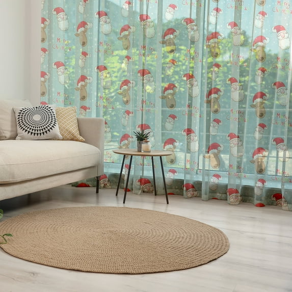 Christmas Tulle Curtains with Rod Pocket, Santa Claus and His Deer ...
