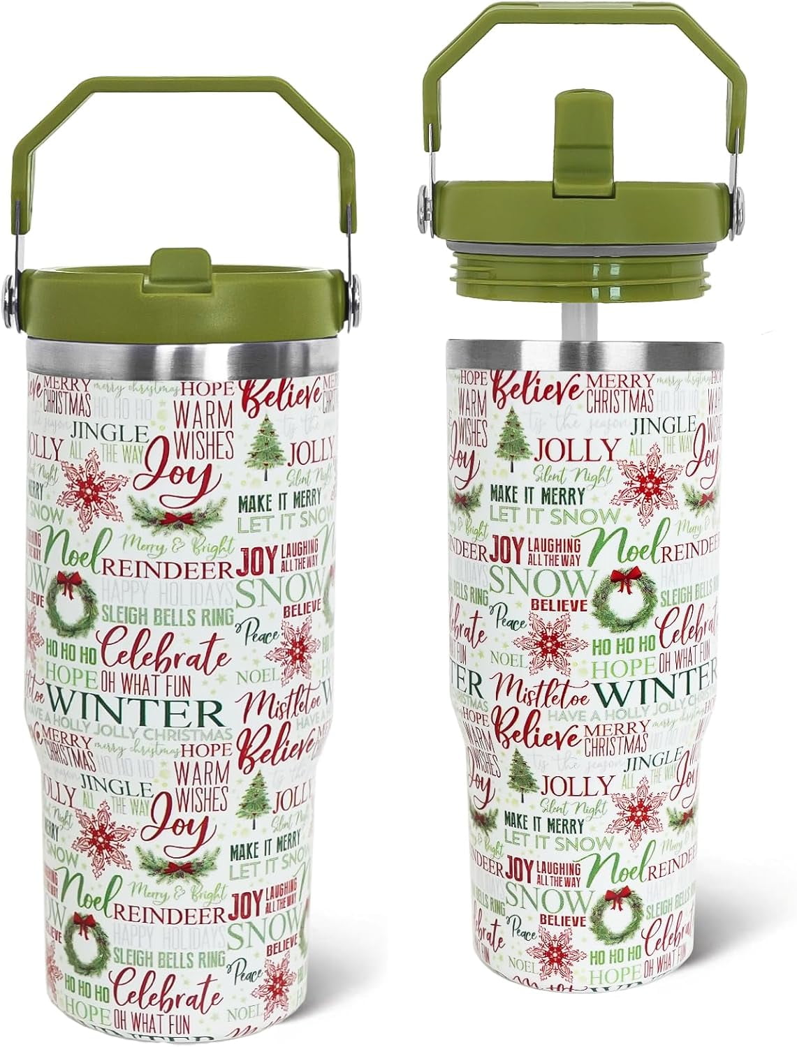 Christmas Tumbler with Handle and Straw Green Christmas Trees Joy ...