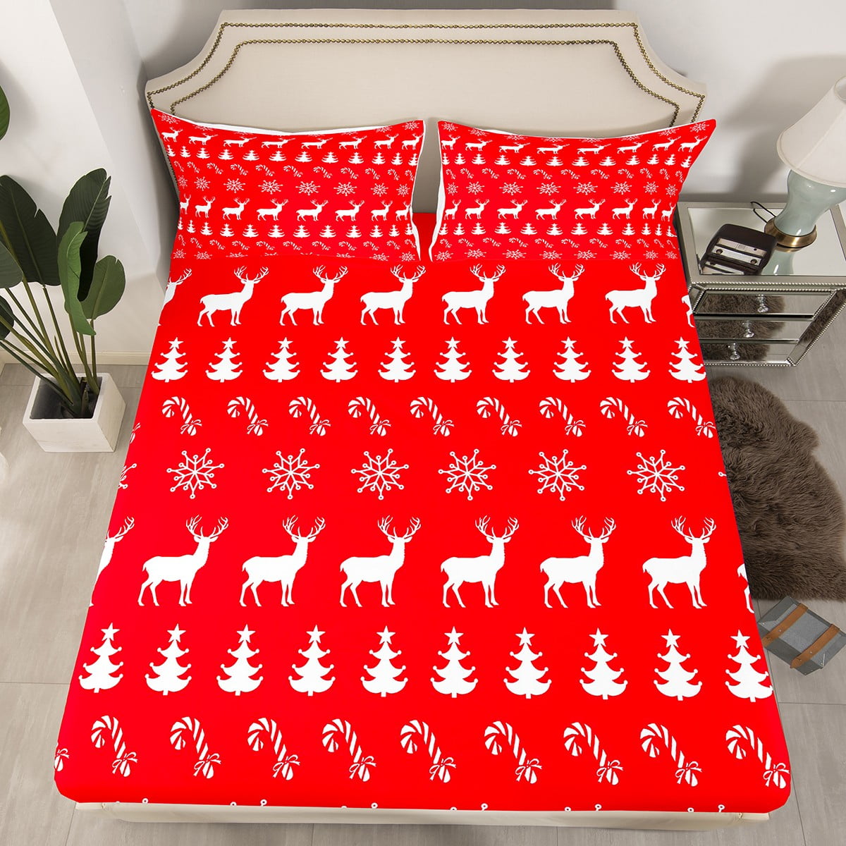 Christmas Twin Bed Sheets,Xmas Elk Deer Fitted Sheet,Winter Snowflake ...