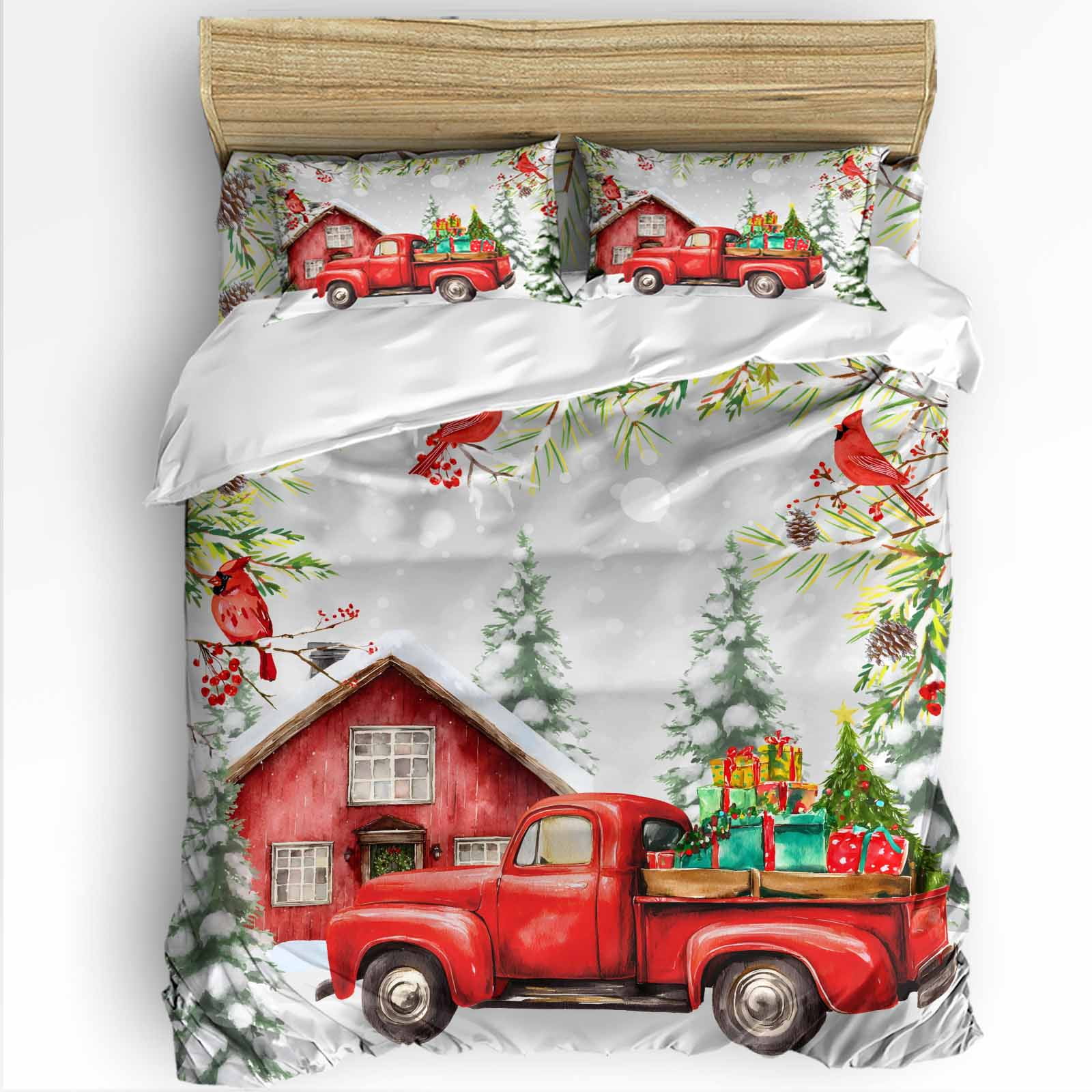 Christmas Twin Size Comforter Set, Red Truck Cardinal Bird Farmhouse Winter Soft Bedding for All ...