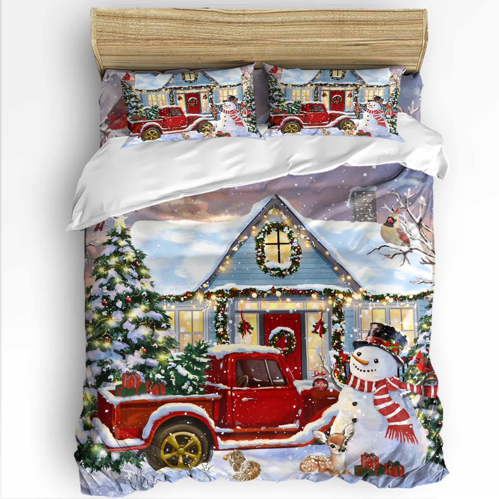 Christmas Twin Size Comforter Set, Snowman Truck Bird Pine Tree House ...