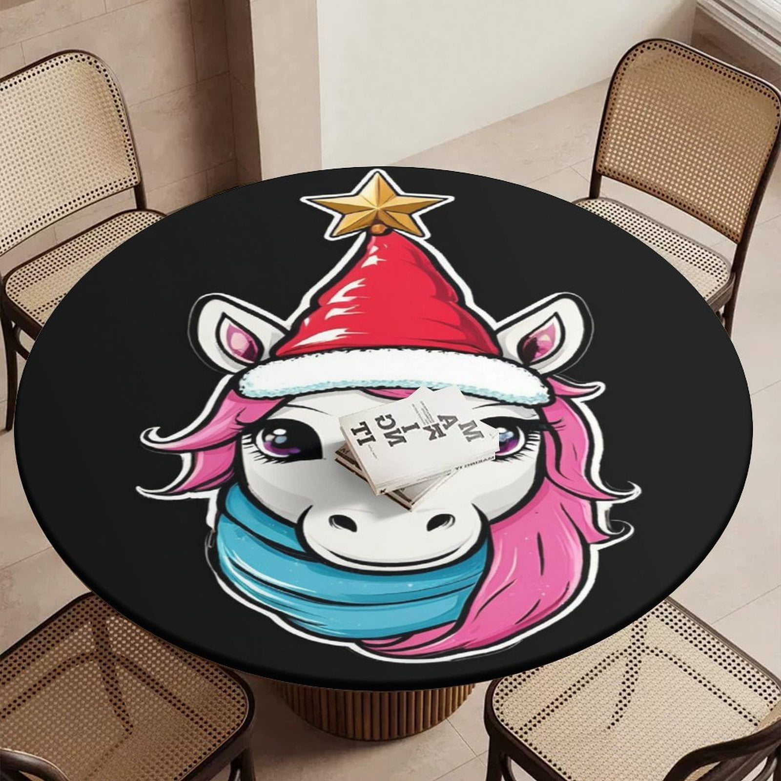 Christmas Unicorn Hat Scarf Round Table Cover Kitchen Printed ...