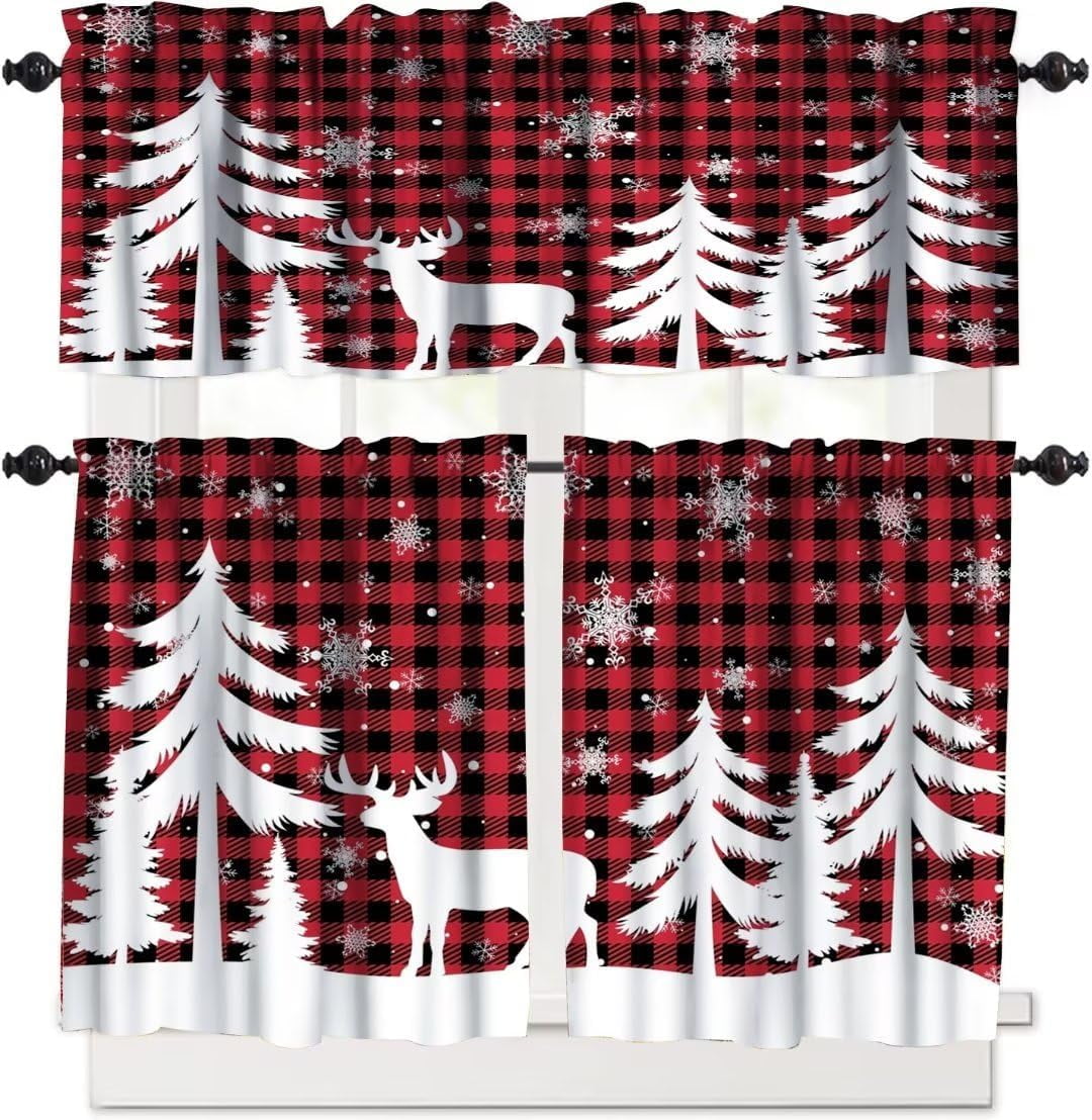 Christmas Valance Curtain Set, Deer and Snow Print Christmas Red Xmas ...