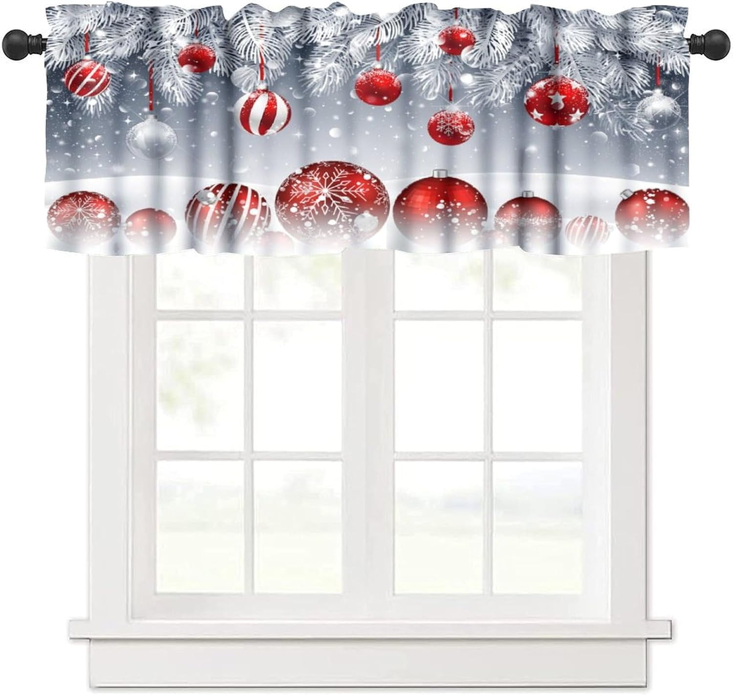 Christmas Valance Curtain, Winter Silver Leaf Xmas Ball Snow Valance ...