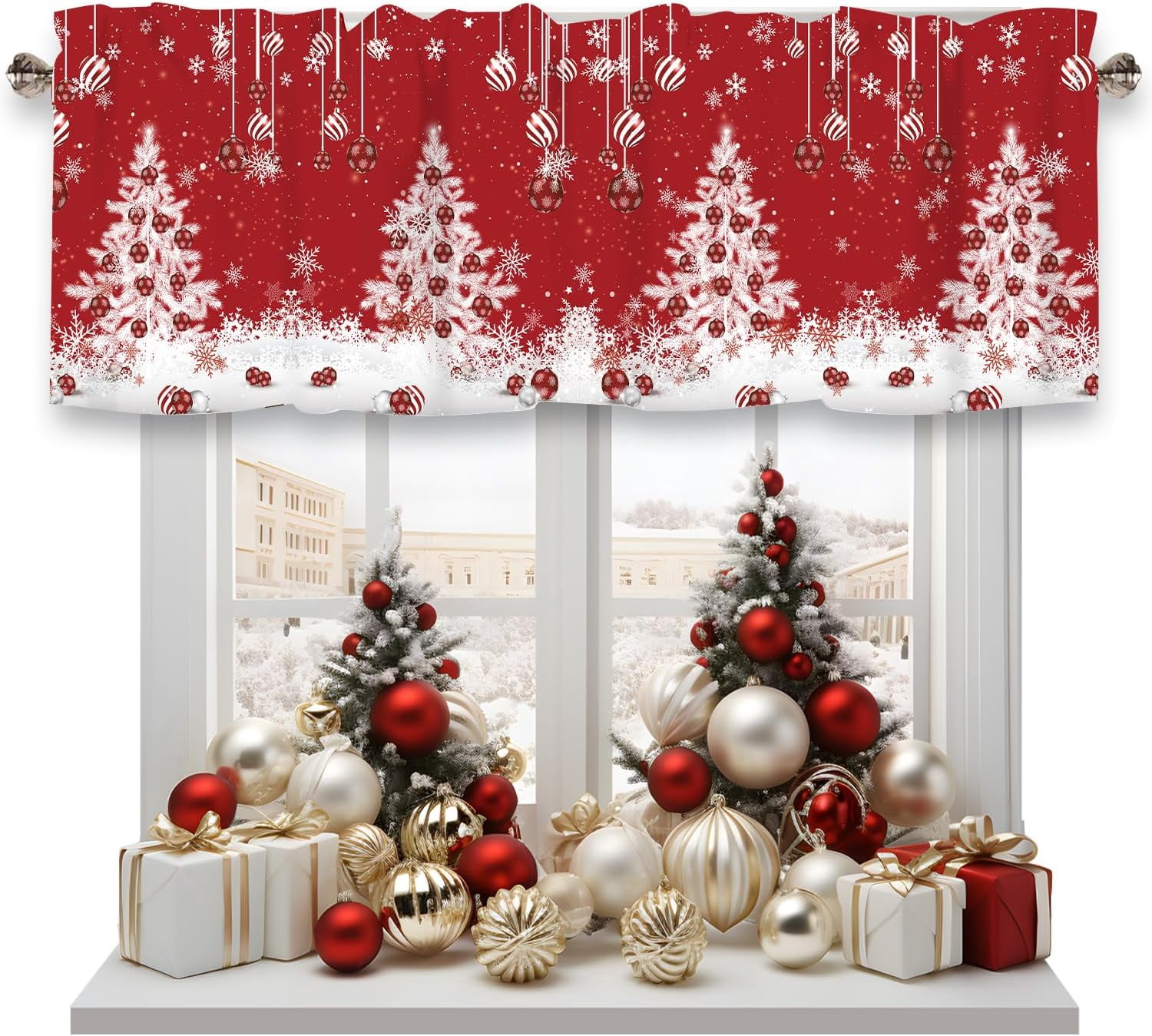 Christmas Valance for Windows,Christmas Winter Snowflakes Red Xmas Ball ...
