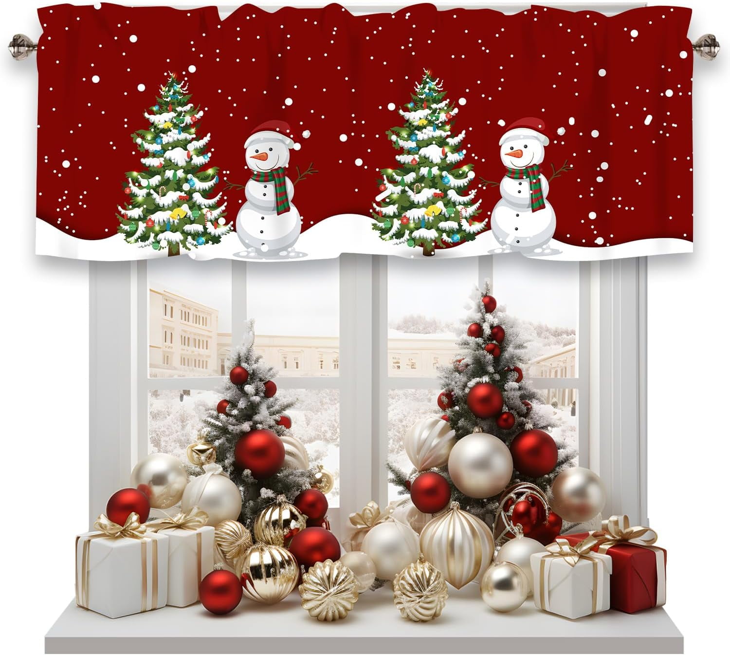 Christmas Valance for Windows, Cute Snowman and Christmas Tree Window ...