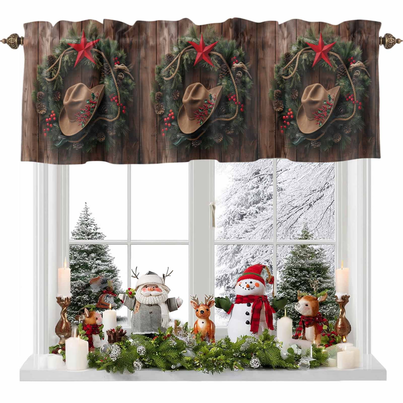 Christmas Valances for Windows, 42 x 18in, Western Wreath Xmas Star ...