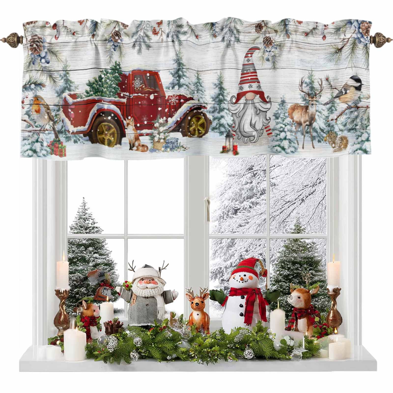 Christmas Valances for Windows, 54 x 18in, Xmas Gnome Truck Pine Tree ...