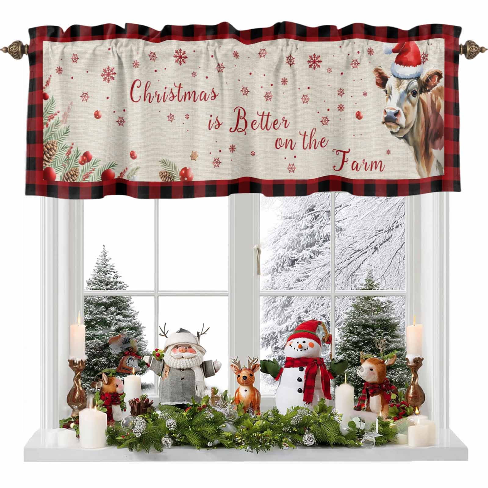Christmas Valances for Windows, Cow Farmhouse Snowflake Berry Snowflake ...
