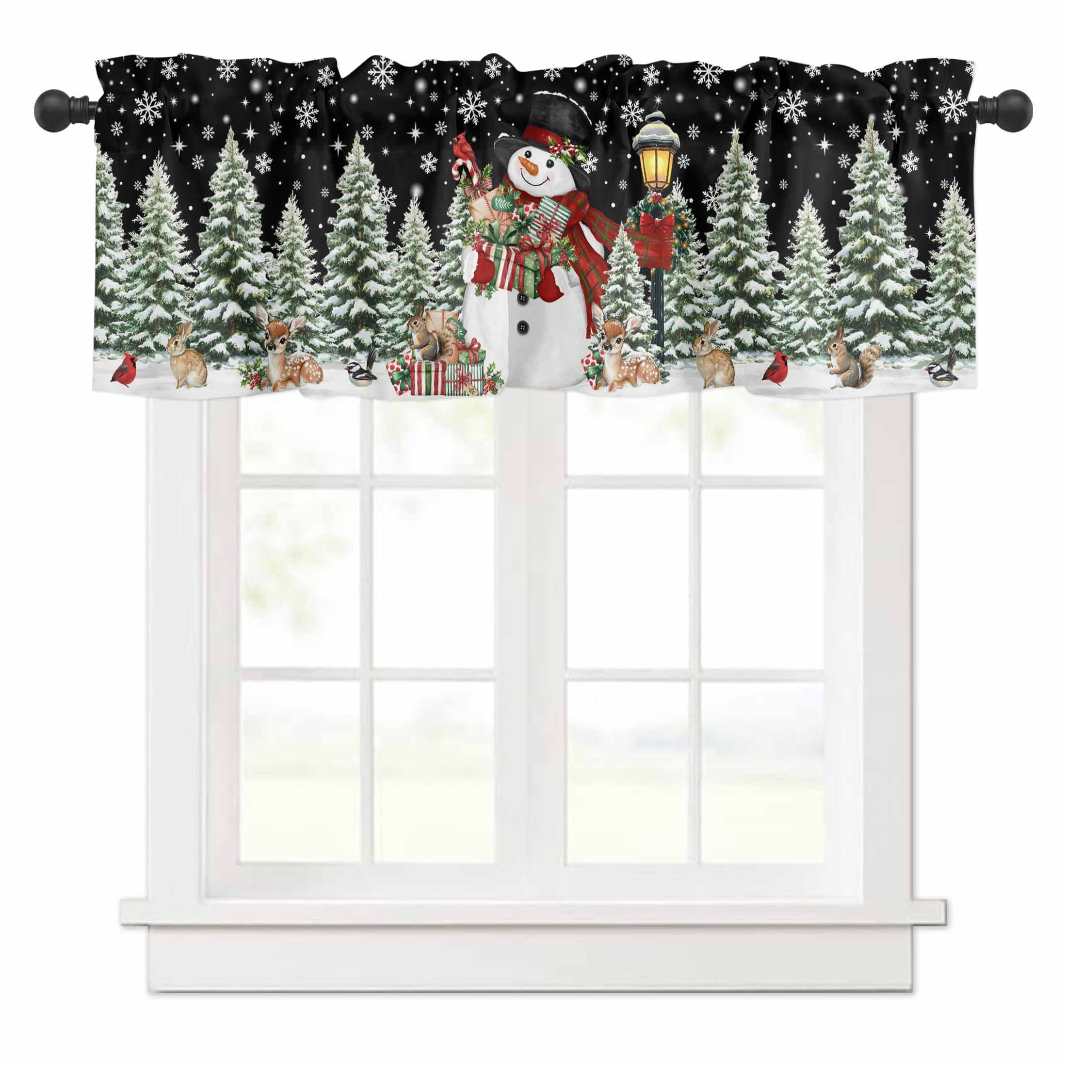 Christmas Valances for Windows Cute Hat Snowman Xmas Box Pine Trees ...