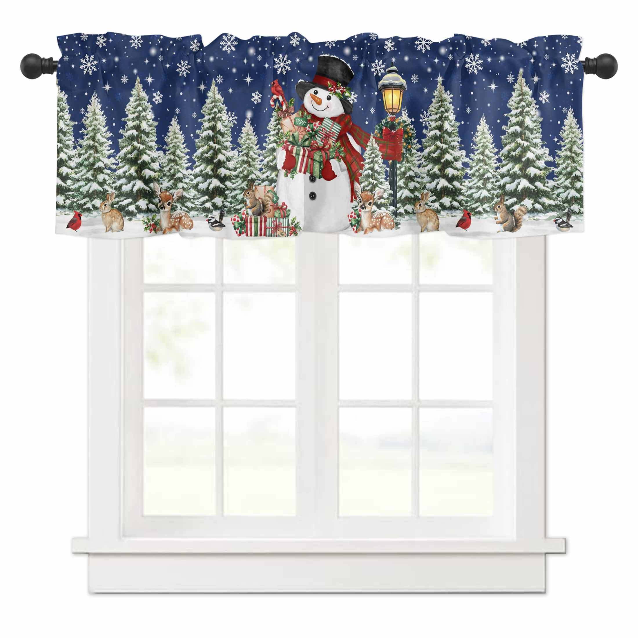 Christmas Valances for Windows Cute Hat Snowman Xmas Box Pine Trees ...