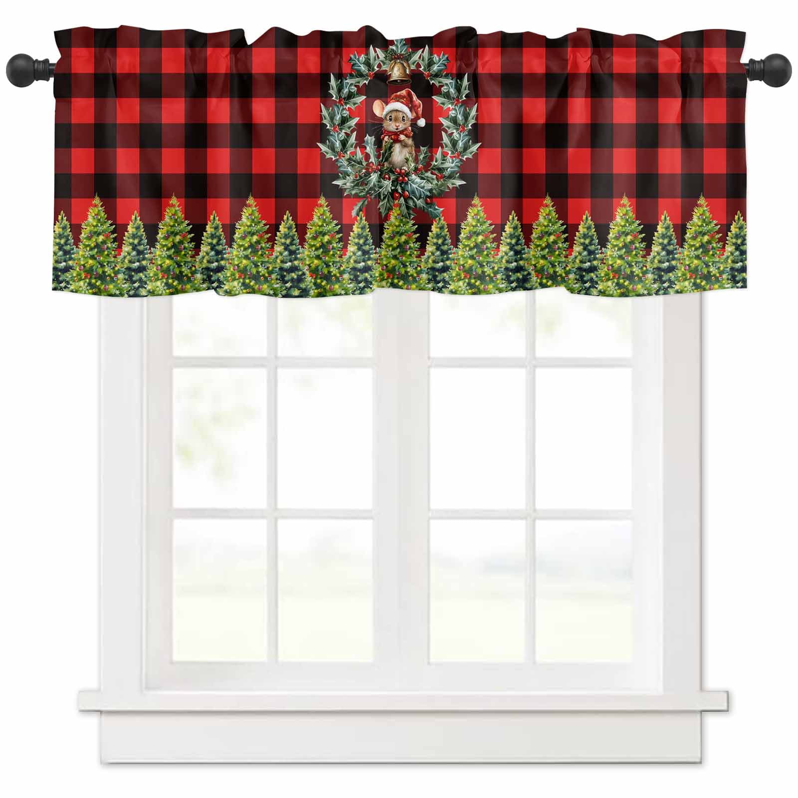 Christmas Valances for Windows, Cute Mouse Pine Tree Leaf Wreath Red ...