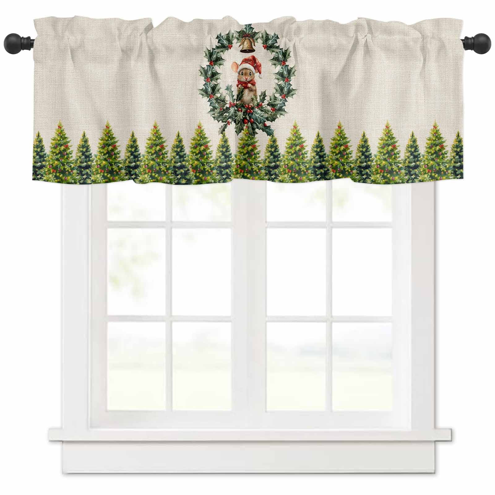 Christmas Valances for Windows, Cute Mouse Pine Tree Leaf Wreath ...