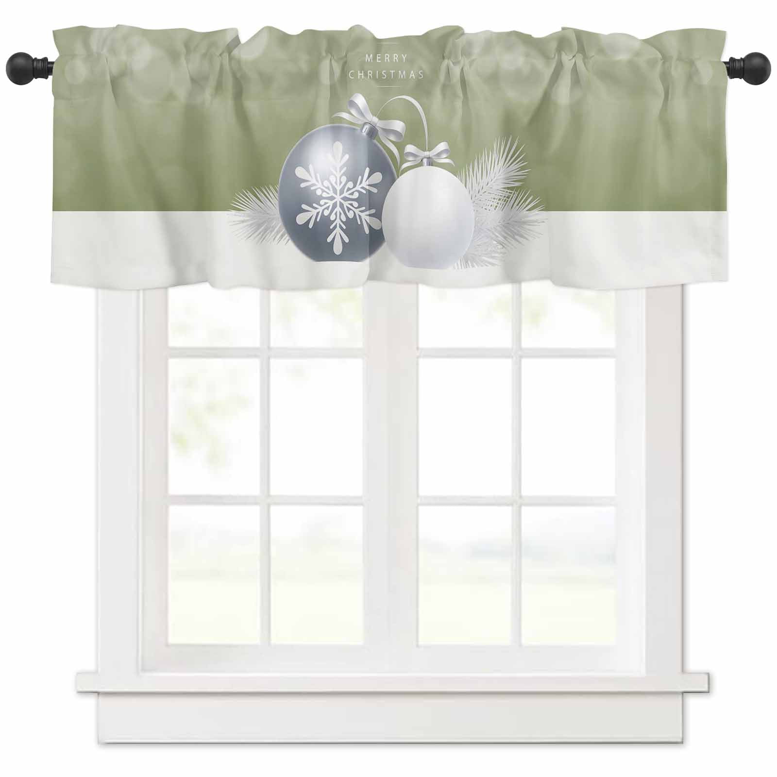 Christmas Valances for Windows, Grey Xmas Ball Snowflake Pine Leaf ...