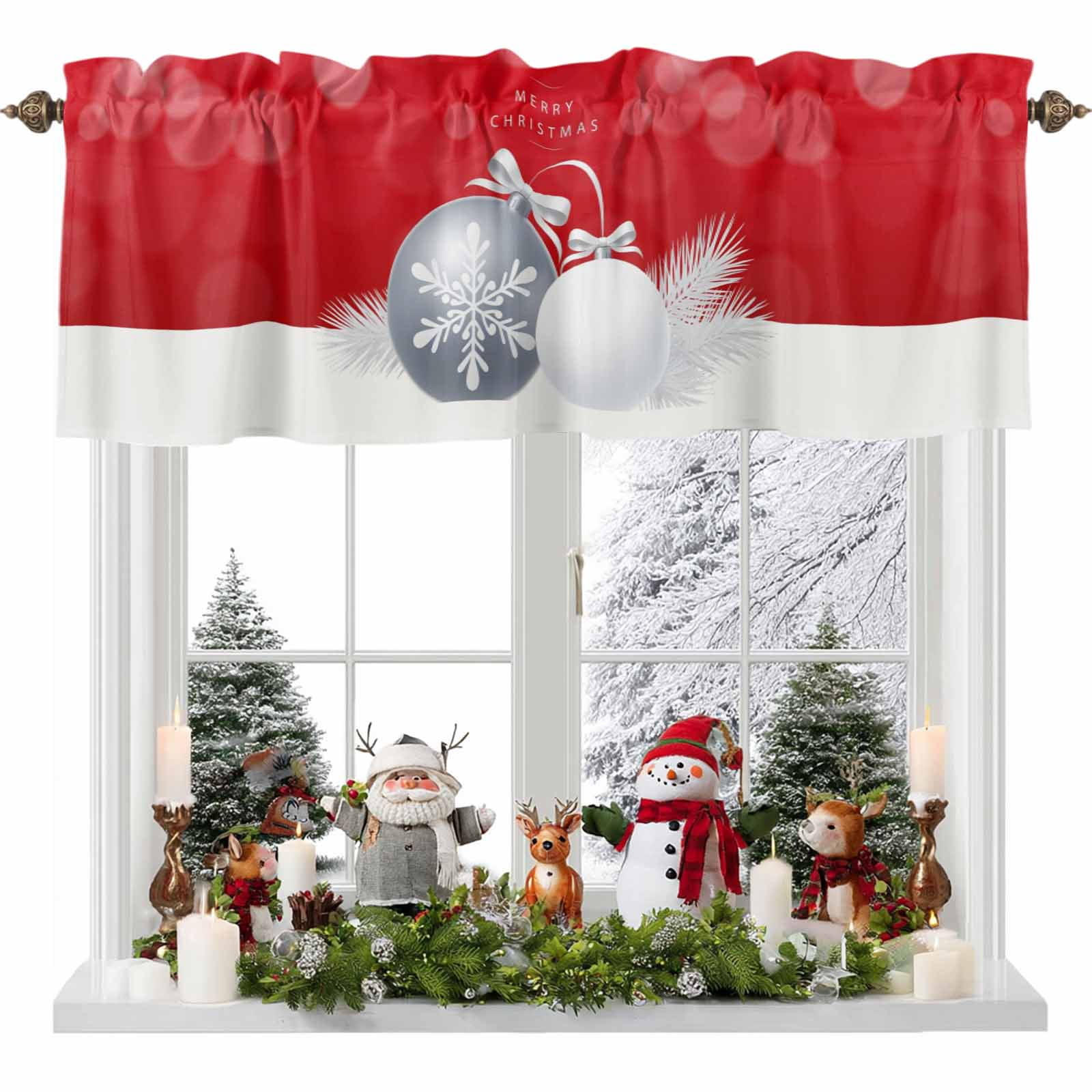 Christmas Valances for Windows, Grey Xmas Ball Snowflake Pine Leaf Red ...