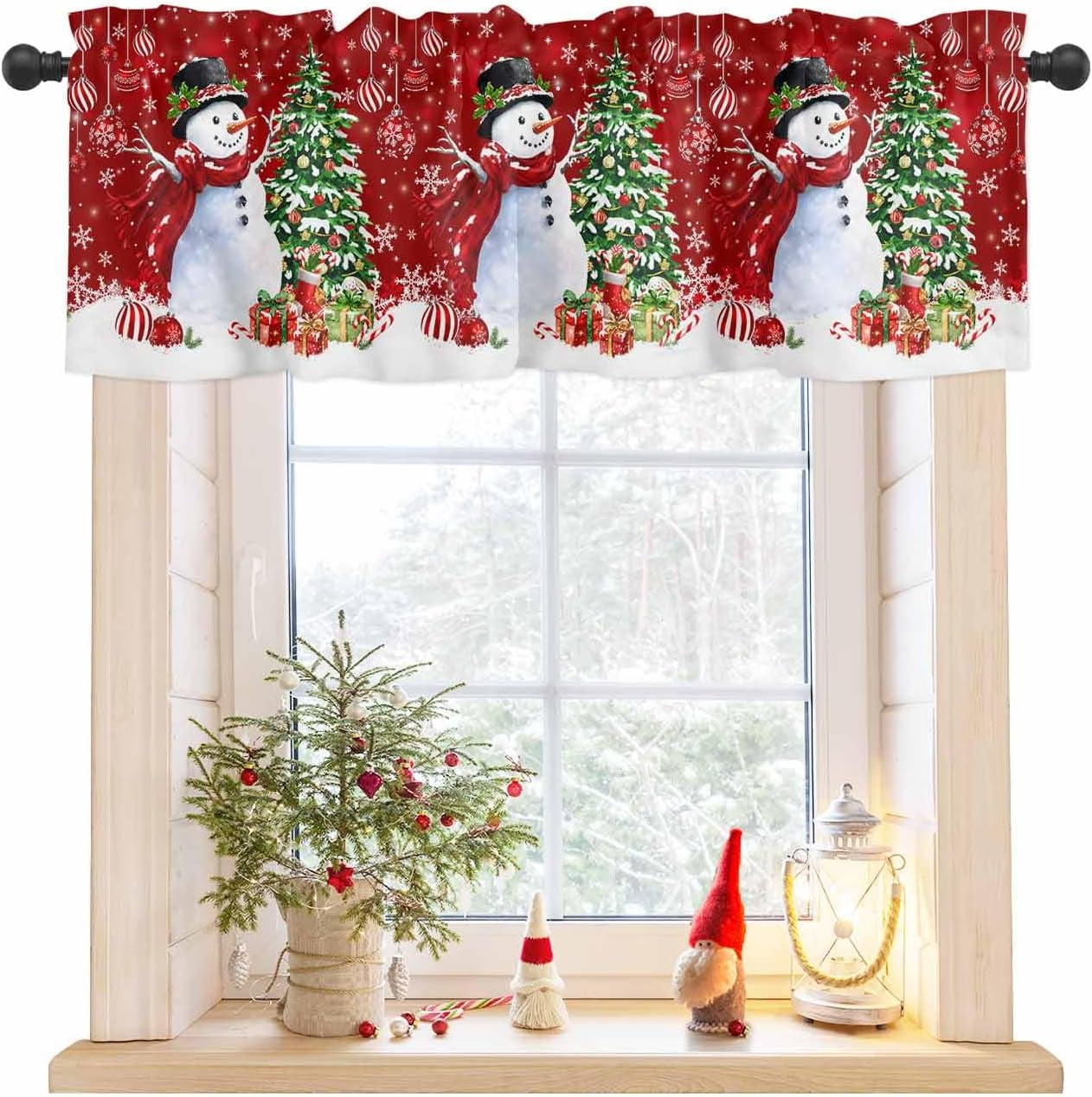 Christmas Valances for Windows Kitchen Curtains Red Snowman Rod Pocket ...