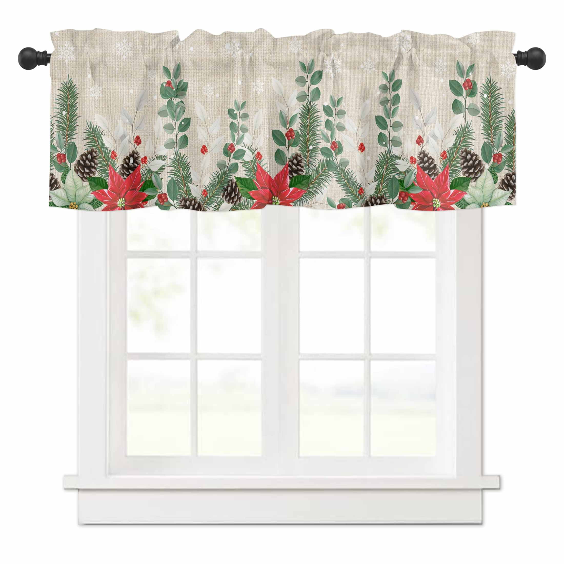 Christmas Valances for Windows Poinsettia Snowflakes Linen Pine Cone ...
