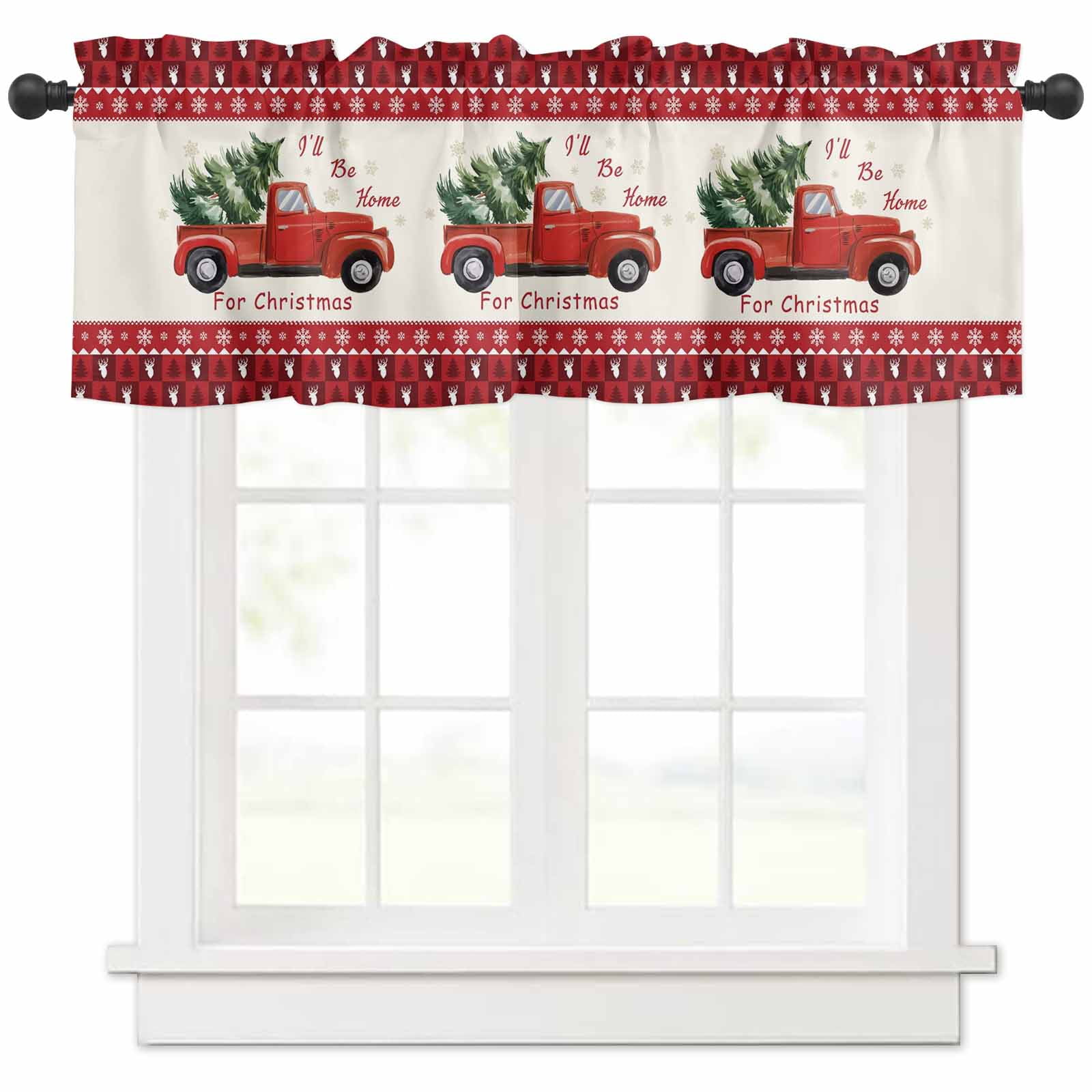 Christmas Valances for Windows, Red Christmas Trucks Pine Tree Snow ...