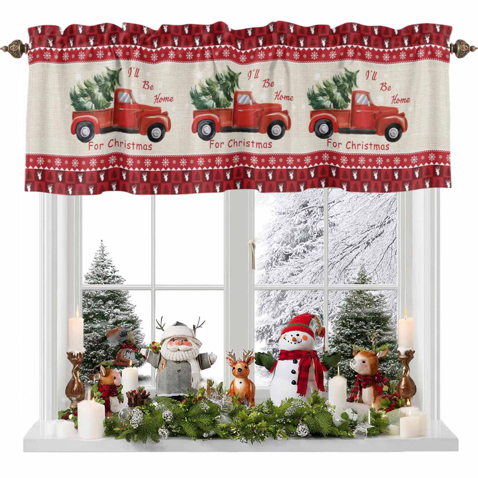 Christmas Valances for Windows, Red Christmas Trucks Pine Tree Snow ...