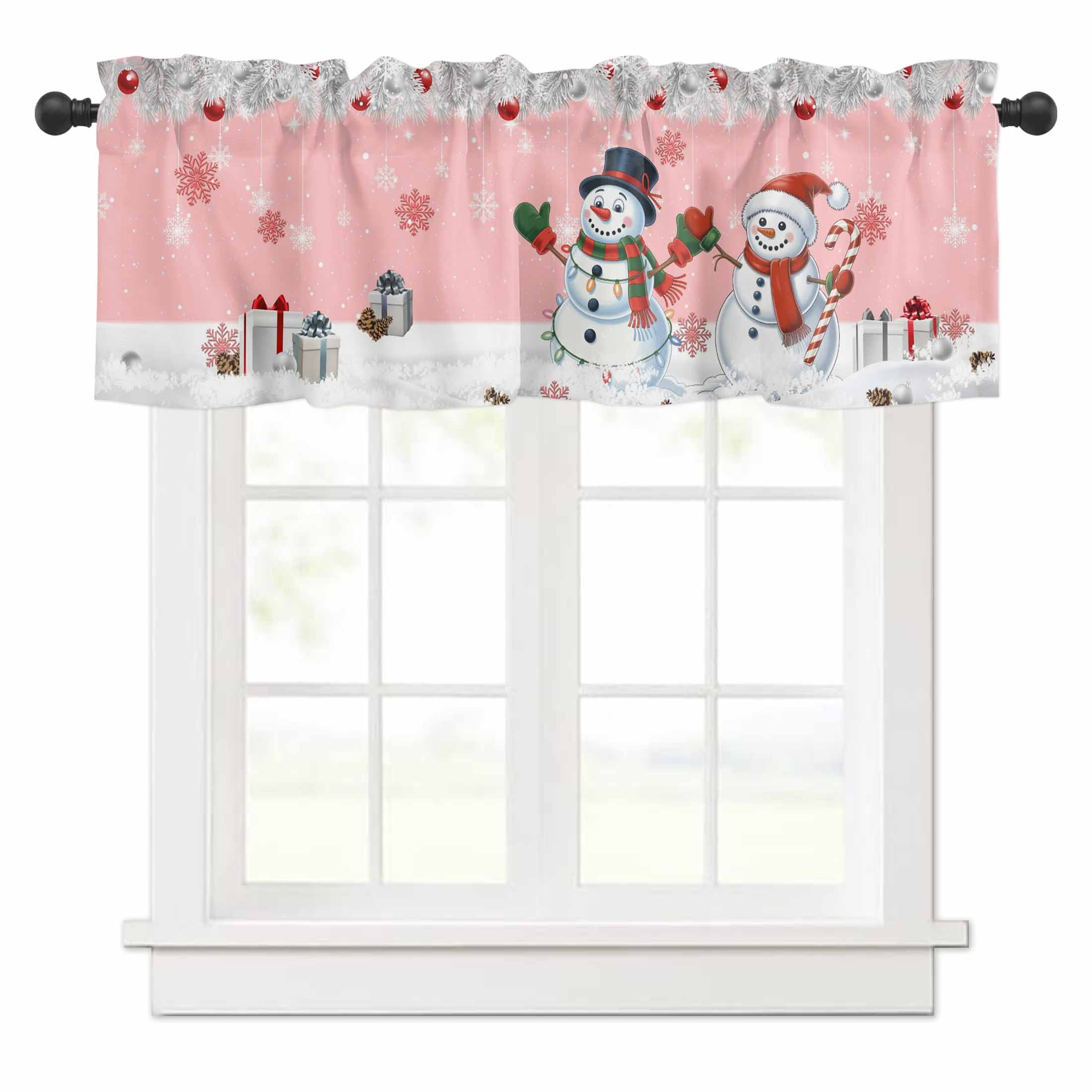 Christmas Valances for Windows Red Snowman White Snow Pine Leaf Xmas ...