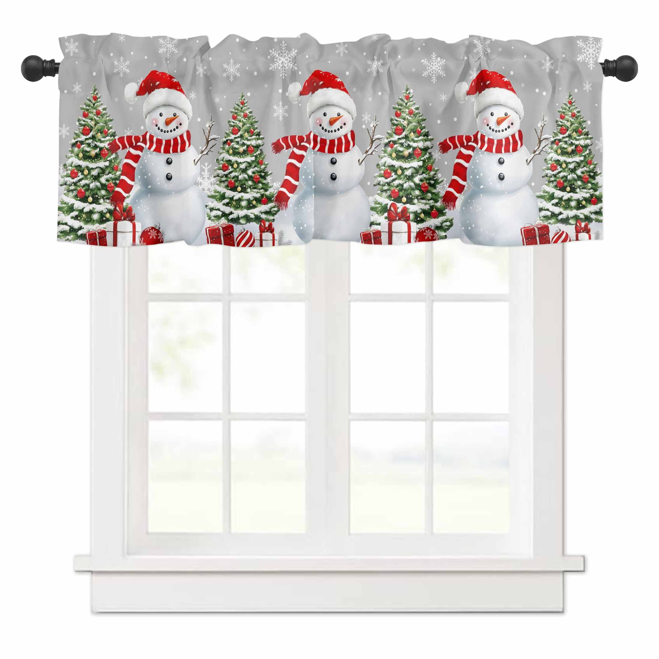 Christmas Valances for Windows Red Snowman Xmas Balls Pine Tree ...