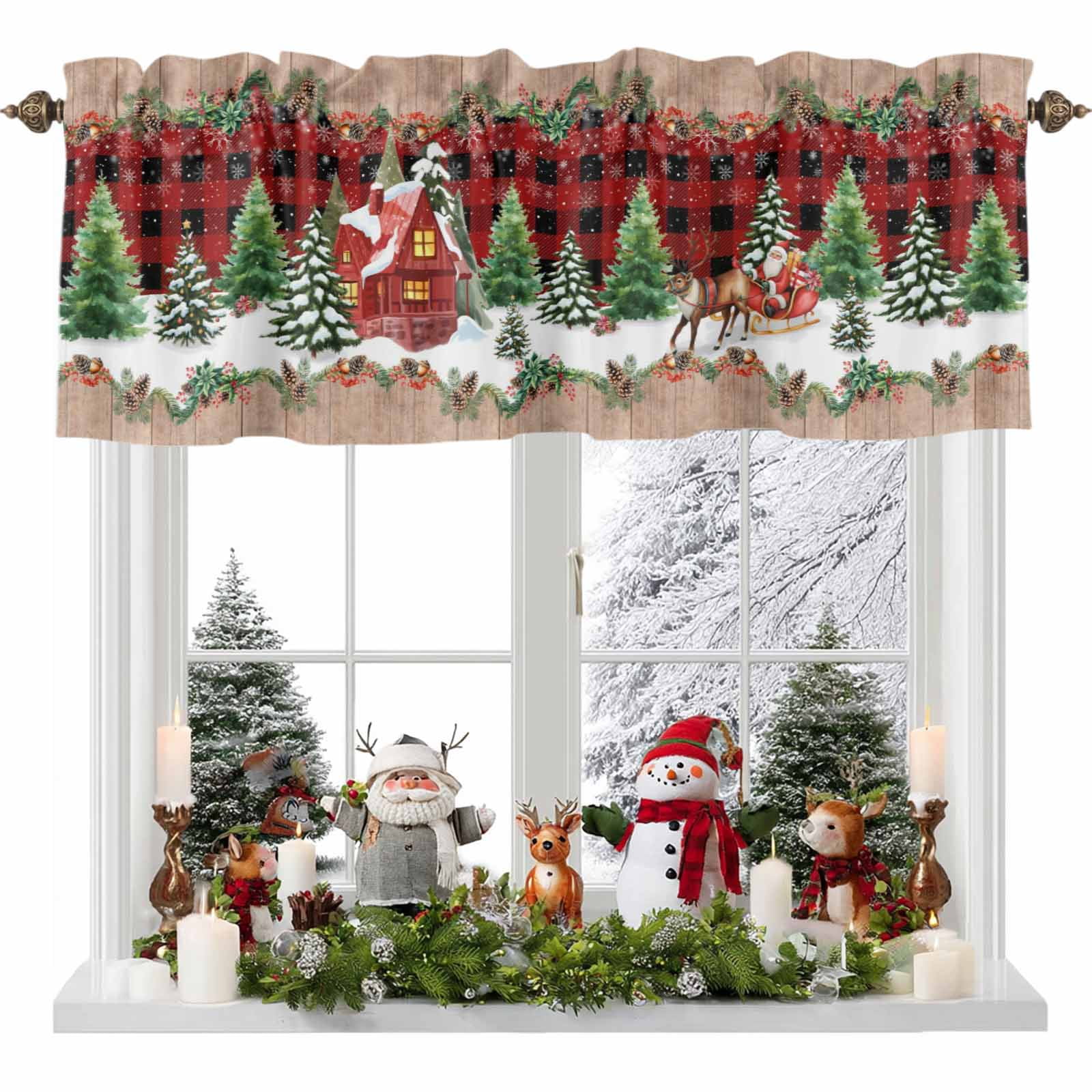 Christmas Valances for Windows, Reindeer Sled Cottage Trees Plants ...