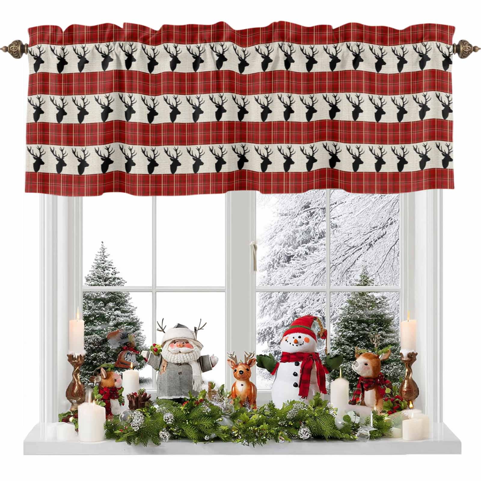 Christmas Valances for Windows, Reindeer Winter Pastoral Linen Plaid ...