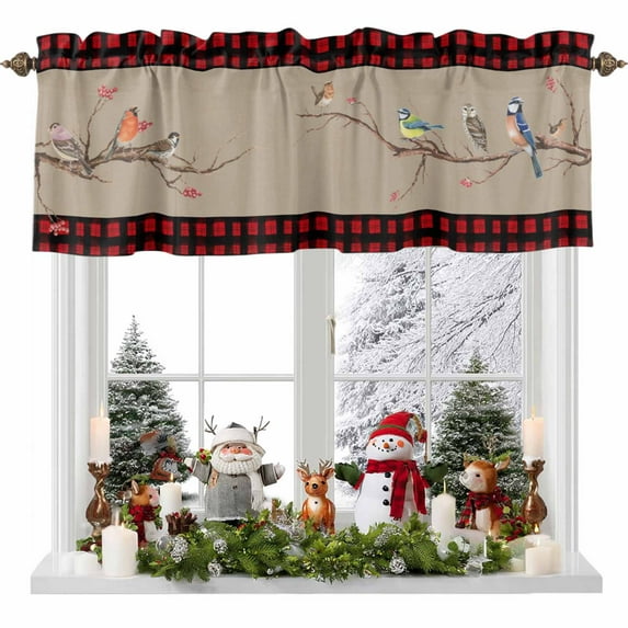 Christmas Valances for Windows, Retro Art Winter Bird on Branch Pine ...