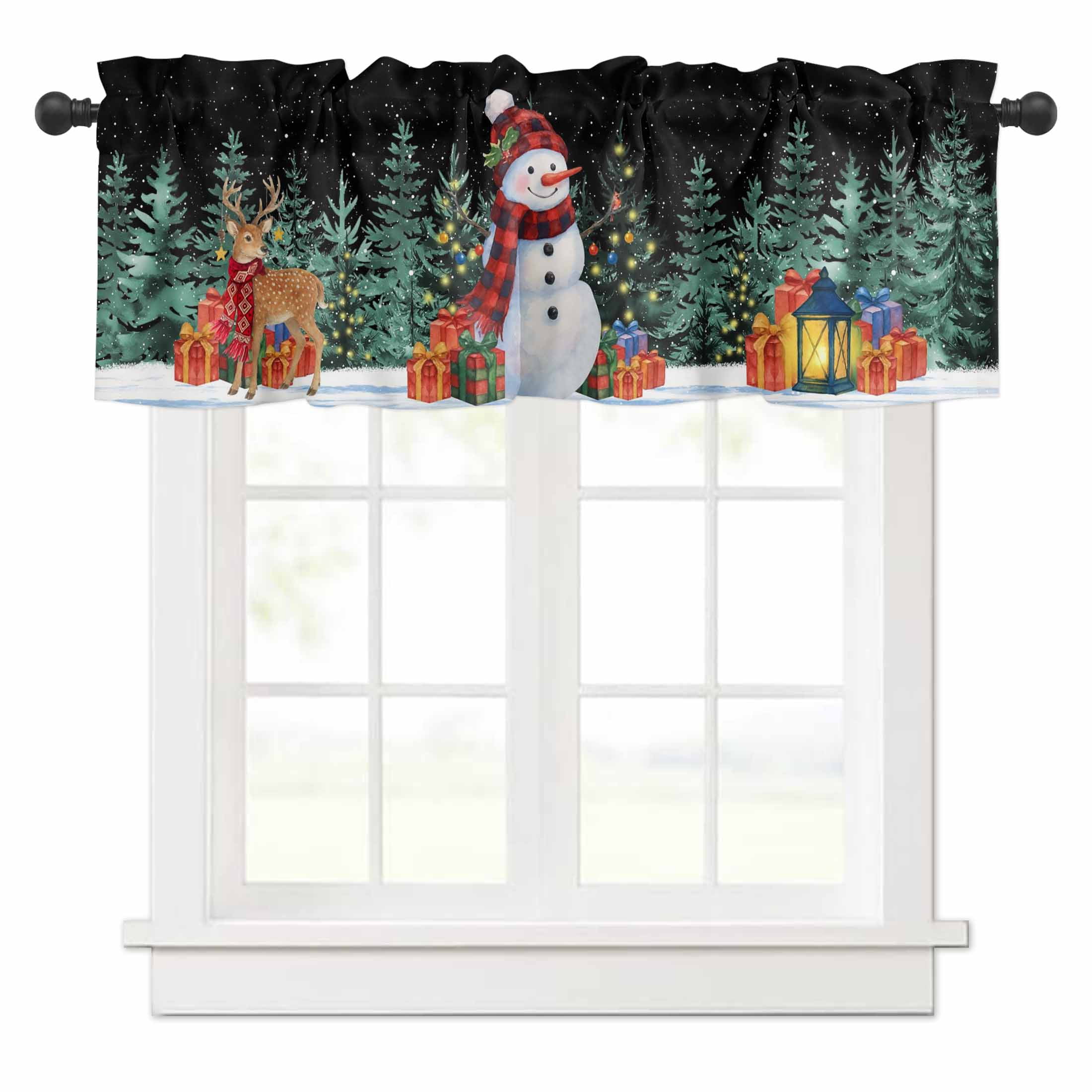 Christmas Valances for Windows Scarf Snowman Deer Xmas Box Pine Trees ...