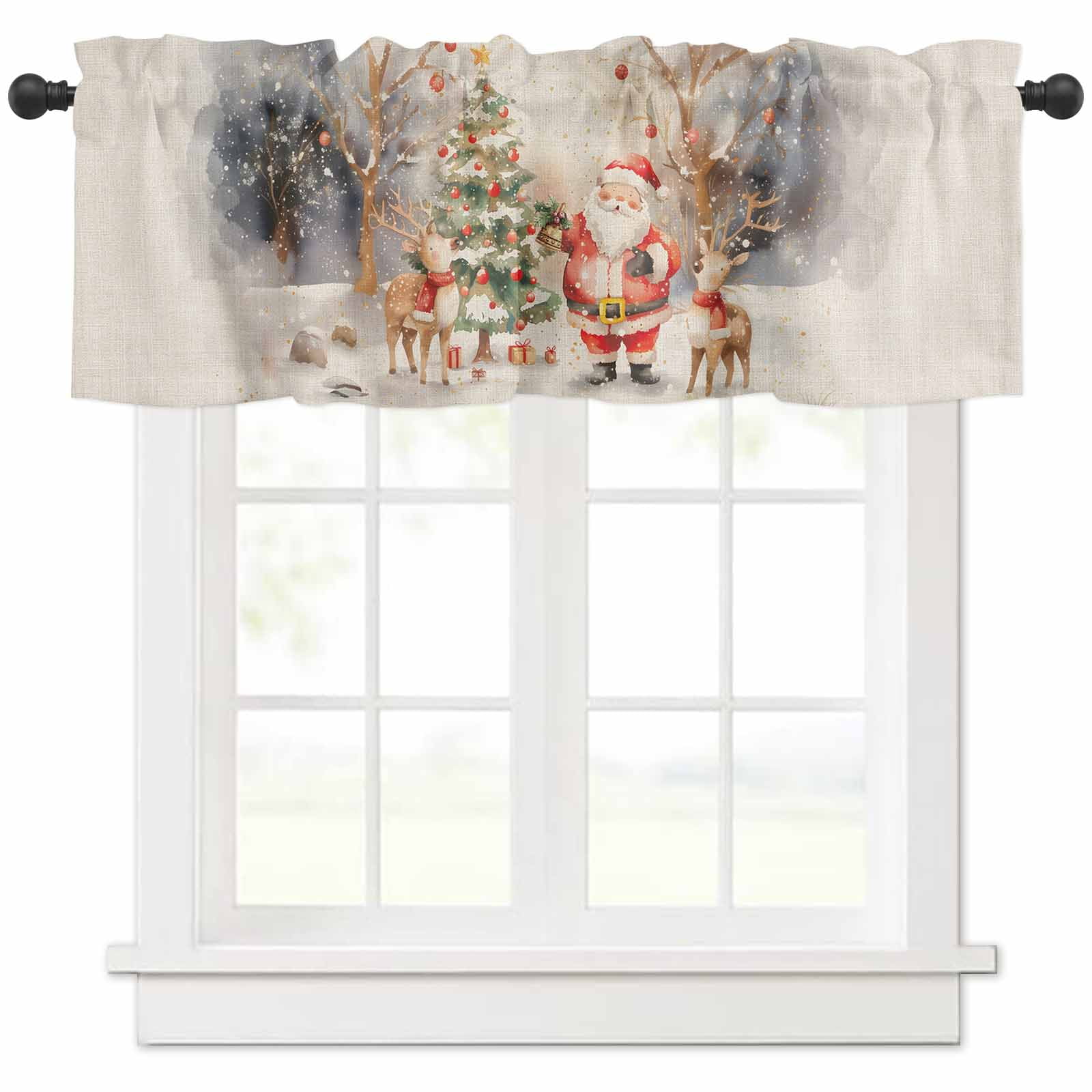 Christmas Valances for Windows, Tree Santa Claus Reindeer Snow Linen ...