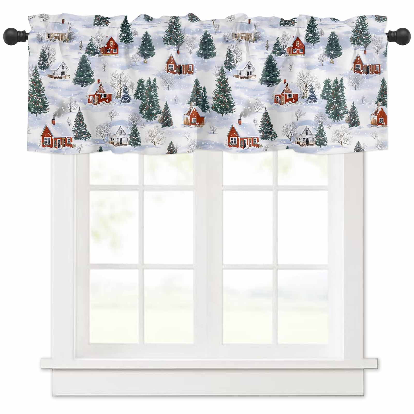 Christmas Valances for Windows, Winter Evergreen House Snow Scene Light ...