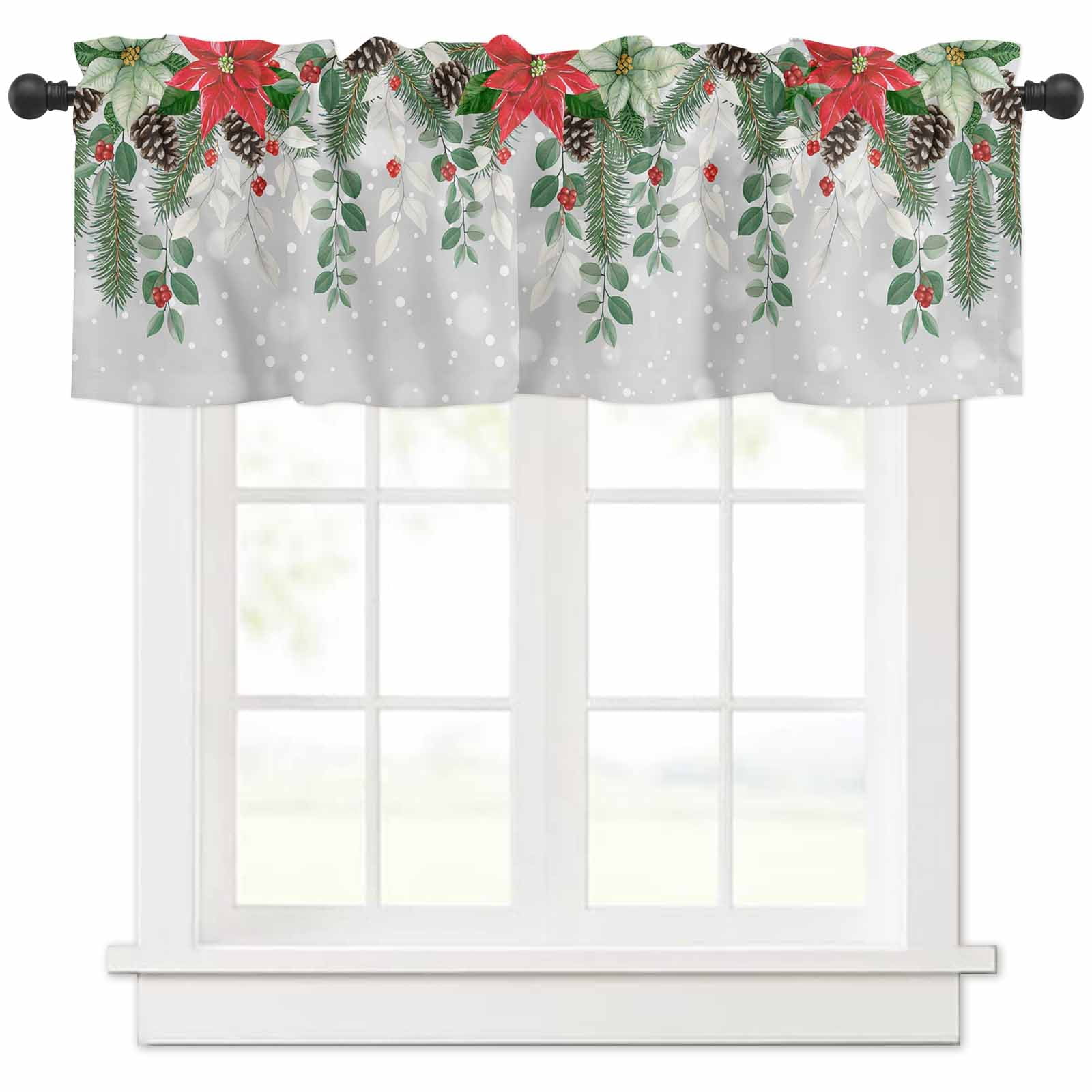Christmas Valances for Windows, Winter Poinsettia Pine Cones Pine ...