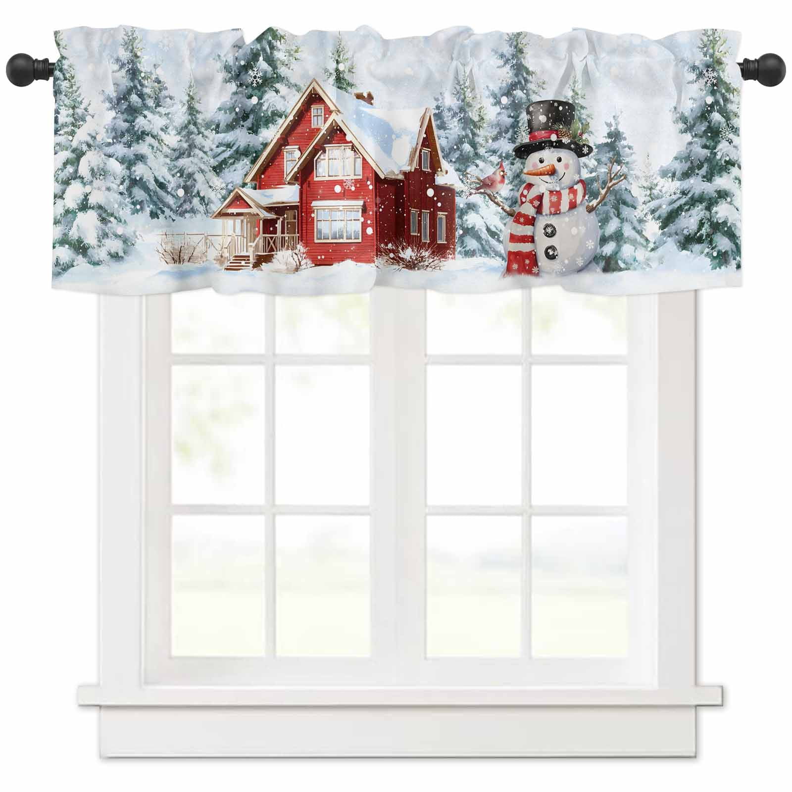 Christmas Valances for Windows, Winter Red Snowman Farmhouse Xmas Trees ...