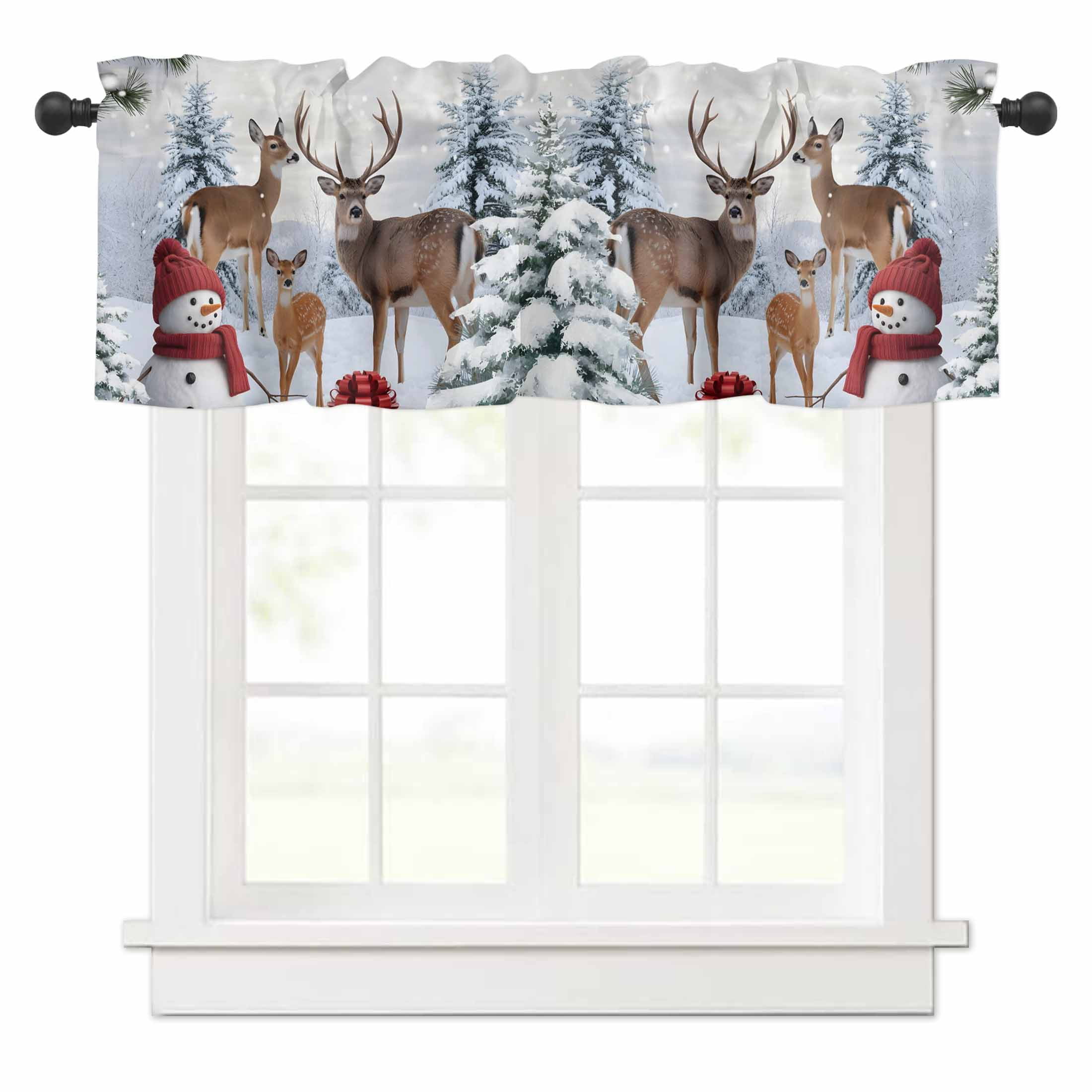 Christmas Valances for Windows Winter Redsnowman Deer Pine Trees Nature ...